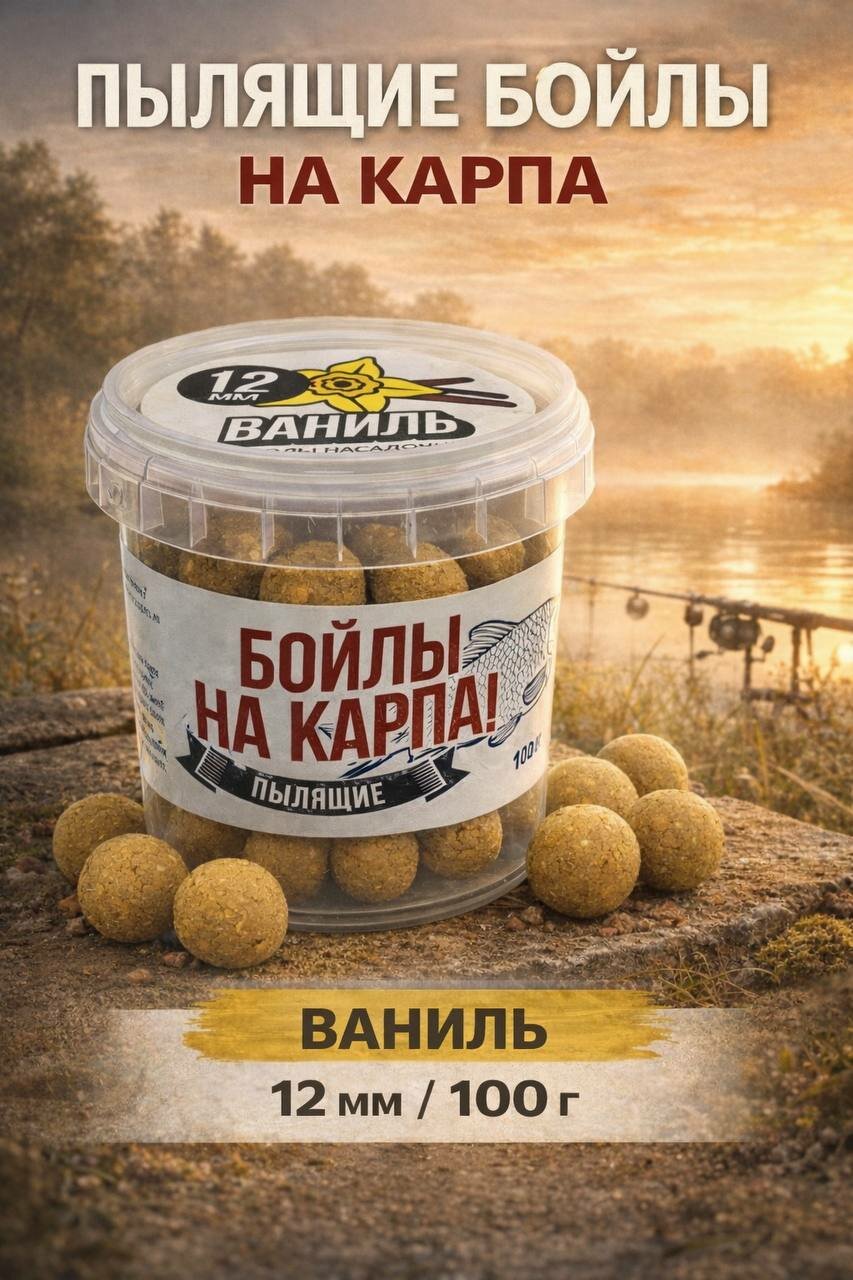 Бойлы пылящие На карпа! 12 мм, Ваниль, 100 г - насадка для карповой ловли, ароматизированные бойлы для рыбалки