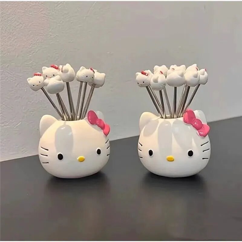 Набор вилок для салата белый Hello Kitty из нержавеющей стали с подставкой, 10 шт. — фото 1