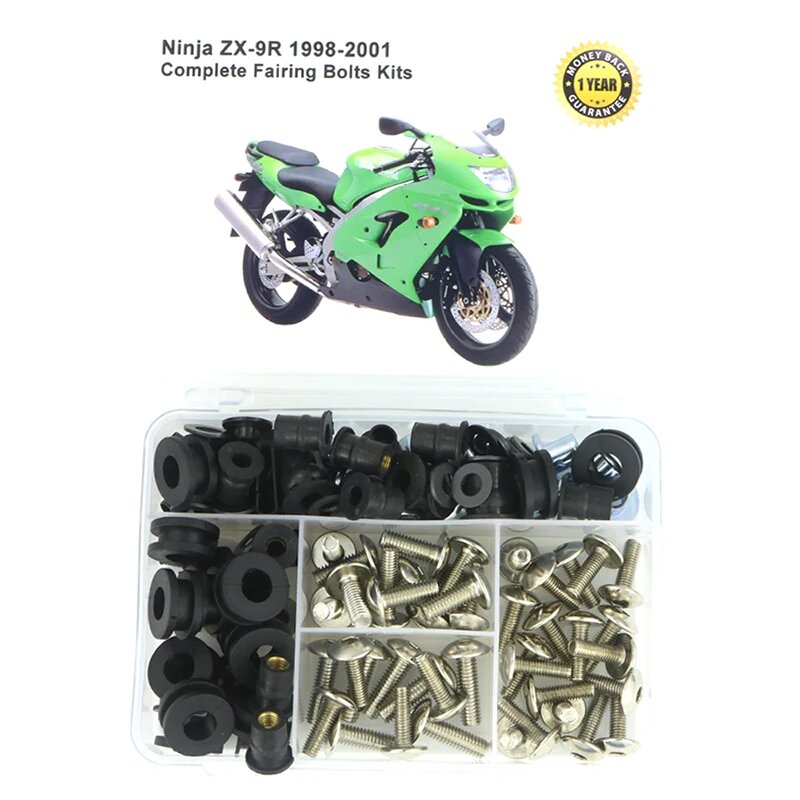 Комплект болтов, клипс, шайб и крепежных элементов из стали для полного обвеса мотоцикла Kawasaki Ninja ZX-9R 1998-2001 годов выпуска.