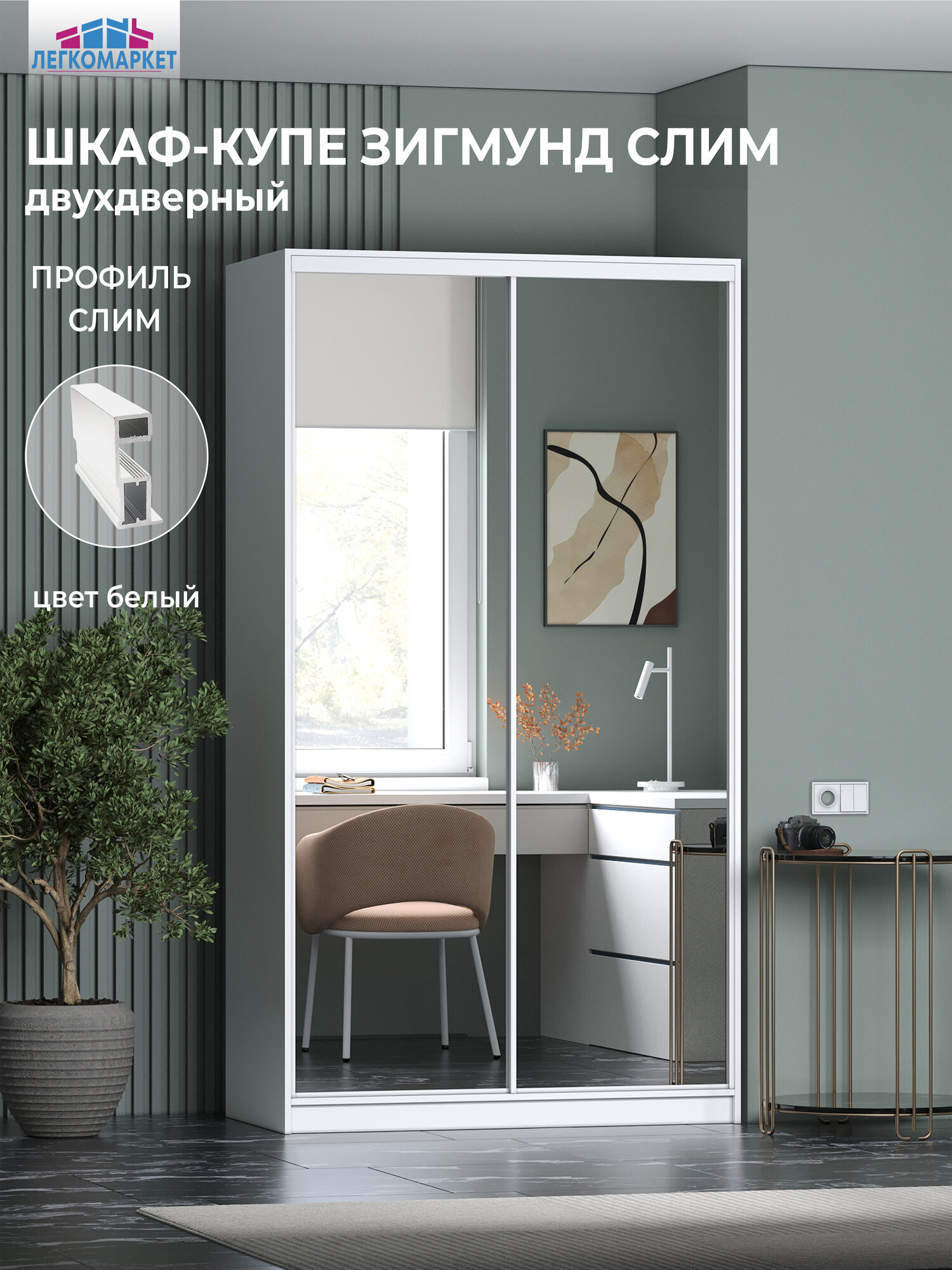 Шкаф-купе Зигмунд Слим 2 100-45-220, цвет белый, профиль белый, наполнение платье