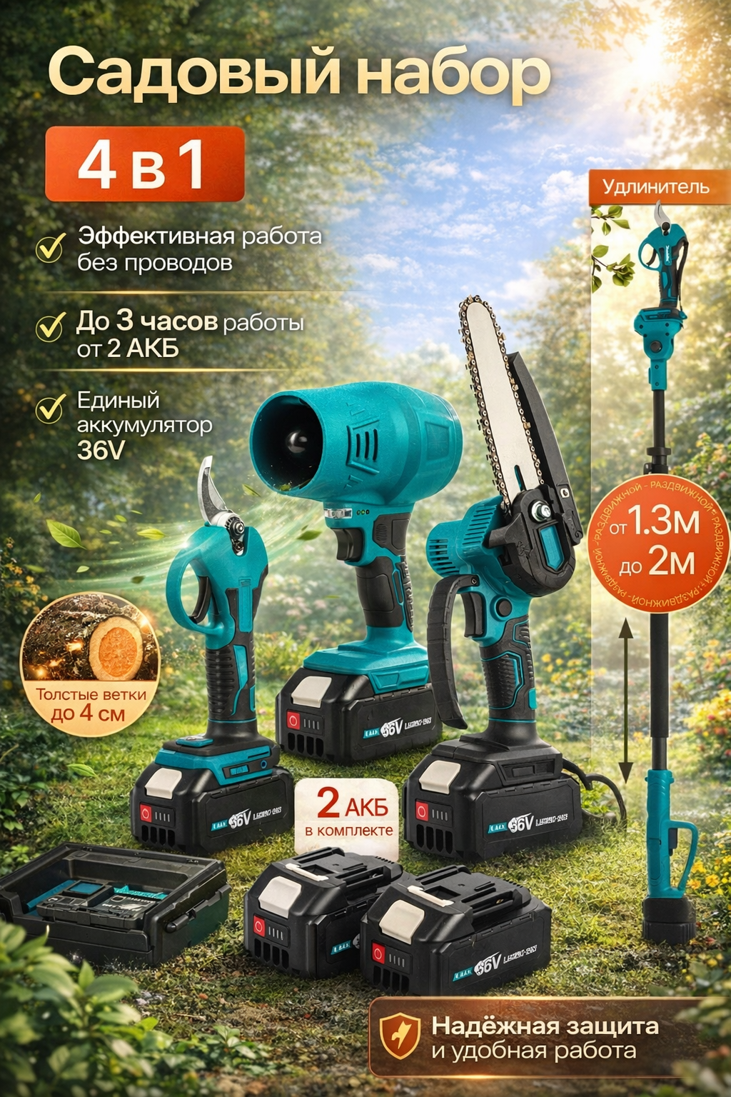 Пила аккумуляторная цепная сучкорез высоторез 4в1