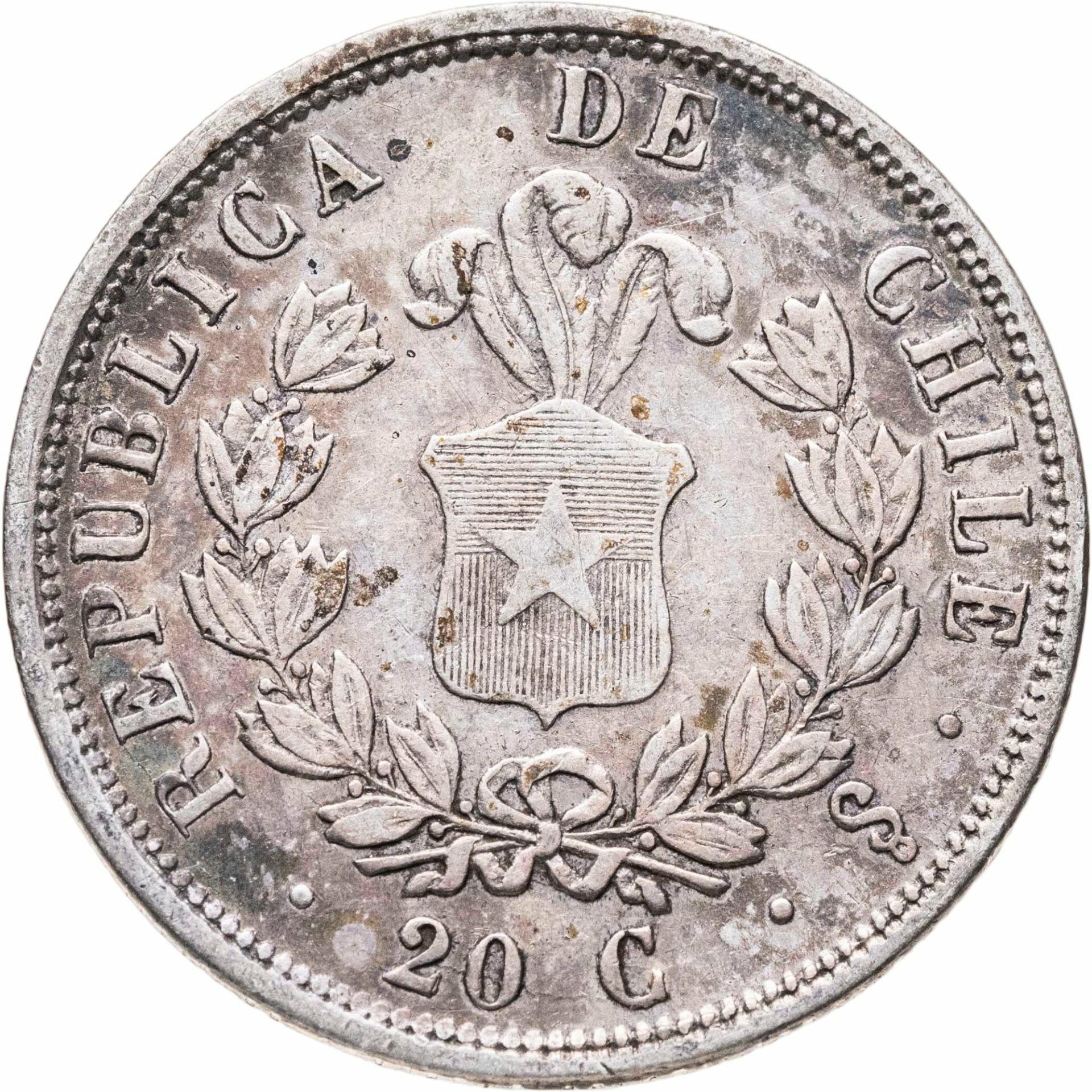 Чили 20 сентаво centavos 1862, Серебро 900, в сохранности VF-XF