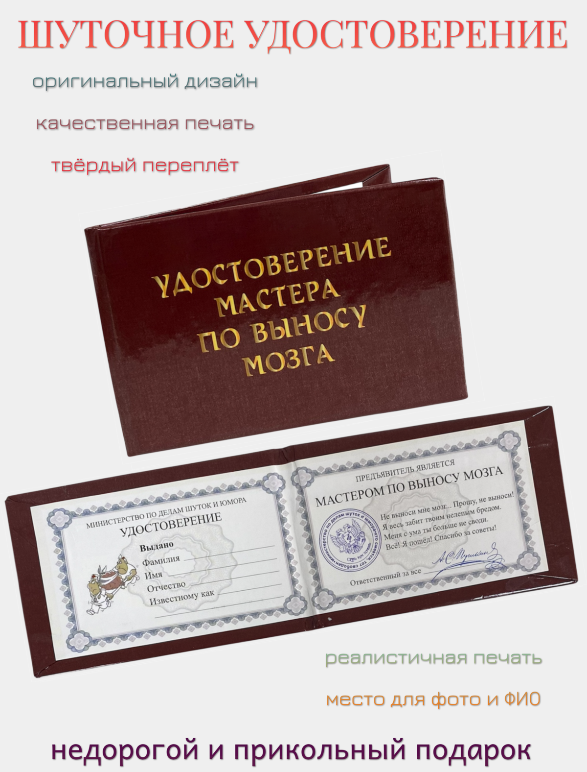 Сувенирное удостоверение шуточное "Мастер по выносу мозга", ксива , розыгрыш, пранк, прикольный подарок