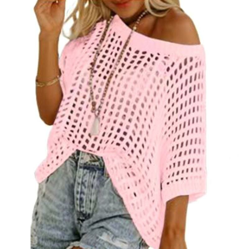 Женский вязаный топ-накидка для пляжа, Розовый - M
