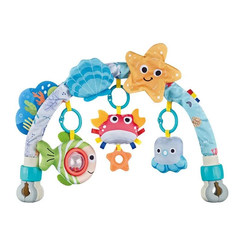 Игровая дуга с развивающими игрушками для новорожденных малышей для колясок, кроваток и стульчиков, гибкая, с шуршащими элементами, пищалкой, погремушкой