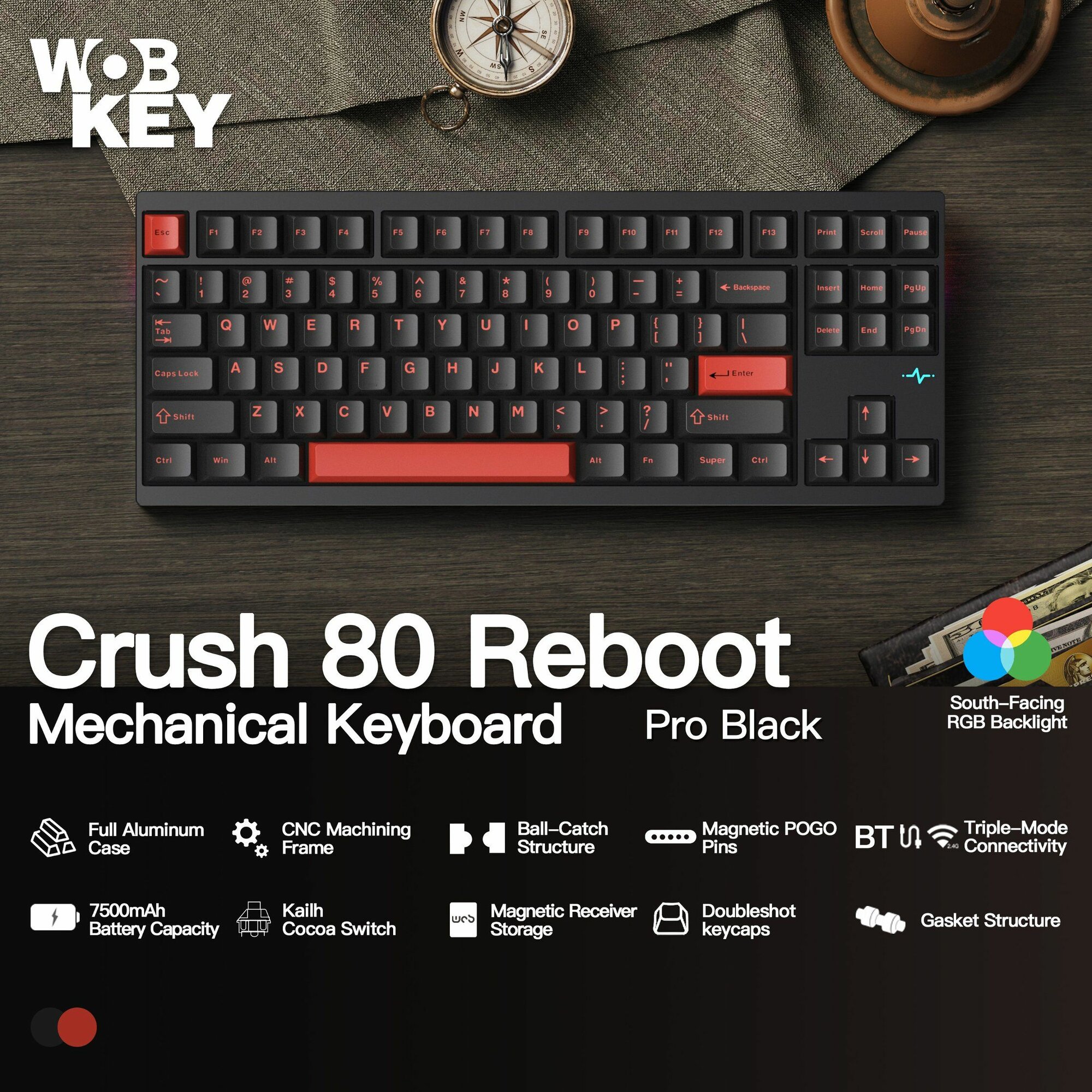 WOBKEY Crush80 Reboot механическая клавиатура с корпусом из CNC-обработанного алюминия, быстрой 5-секундной разборкой, тройным режимом подключения и улучшенной акустикой.