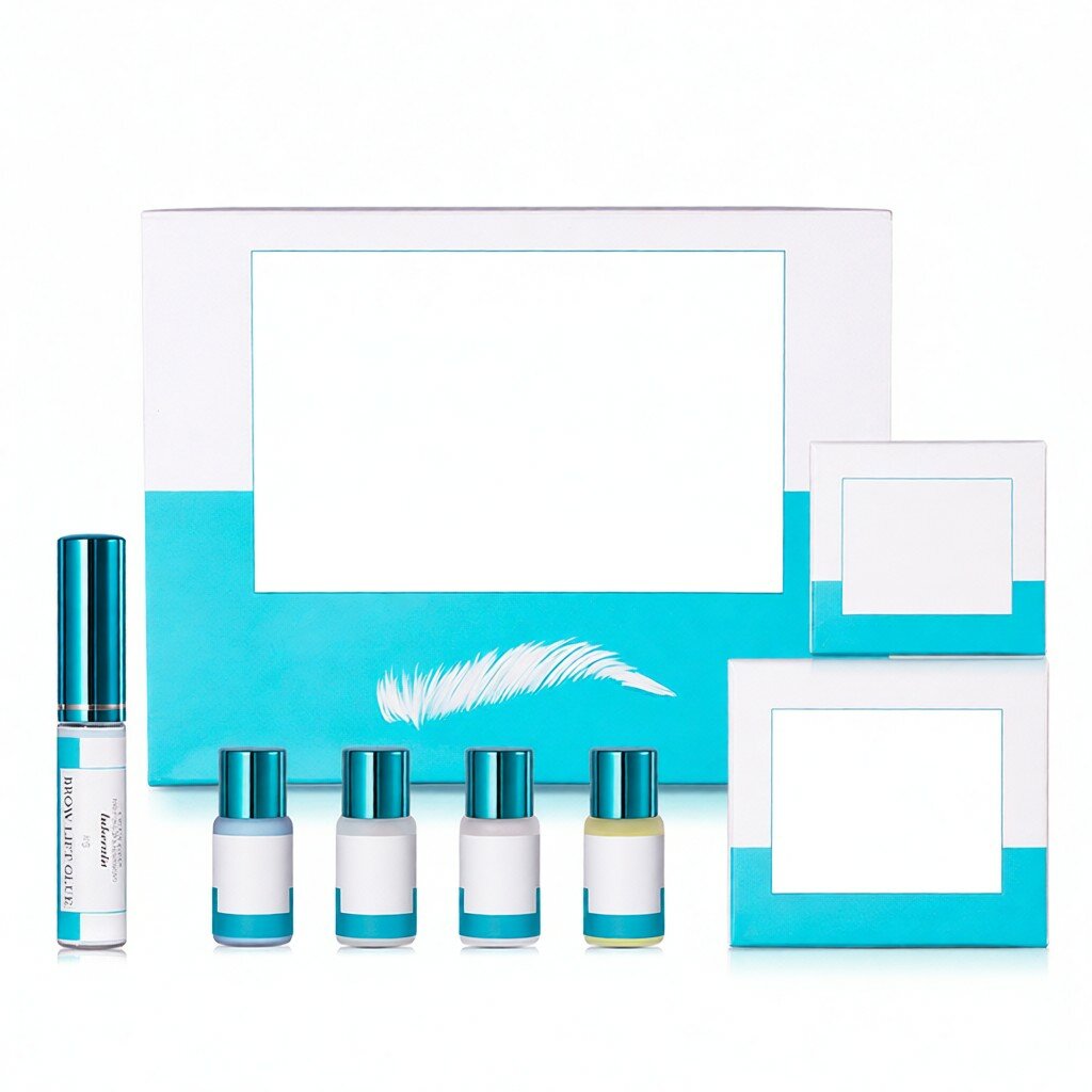 Набор для полупостоянного подъема бровей Brow Lift Kit для салонов красоты и дома с ламинированием, укладкой, перманентным завиванием и фиксацией бровей, включает 1 плёнку, 1 кисть для подъема бровей, 1 очиститель, 1 лосьон для перманента, 1 лосьон для