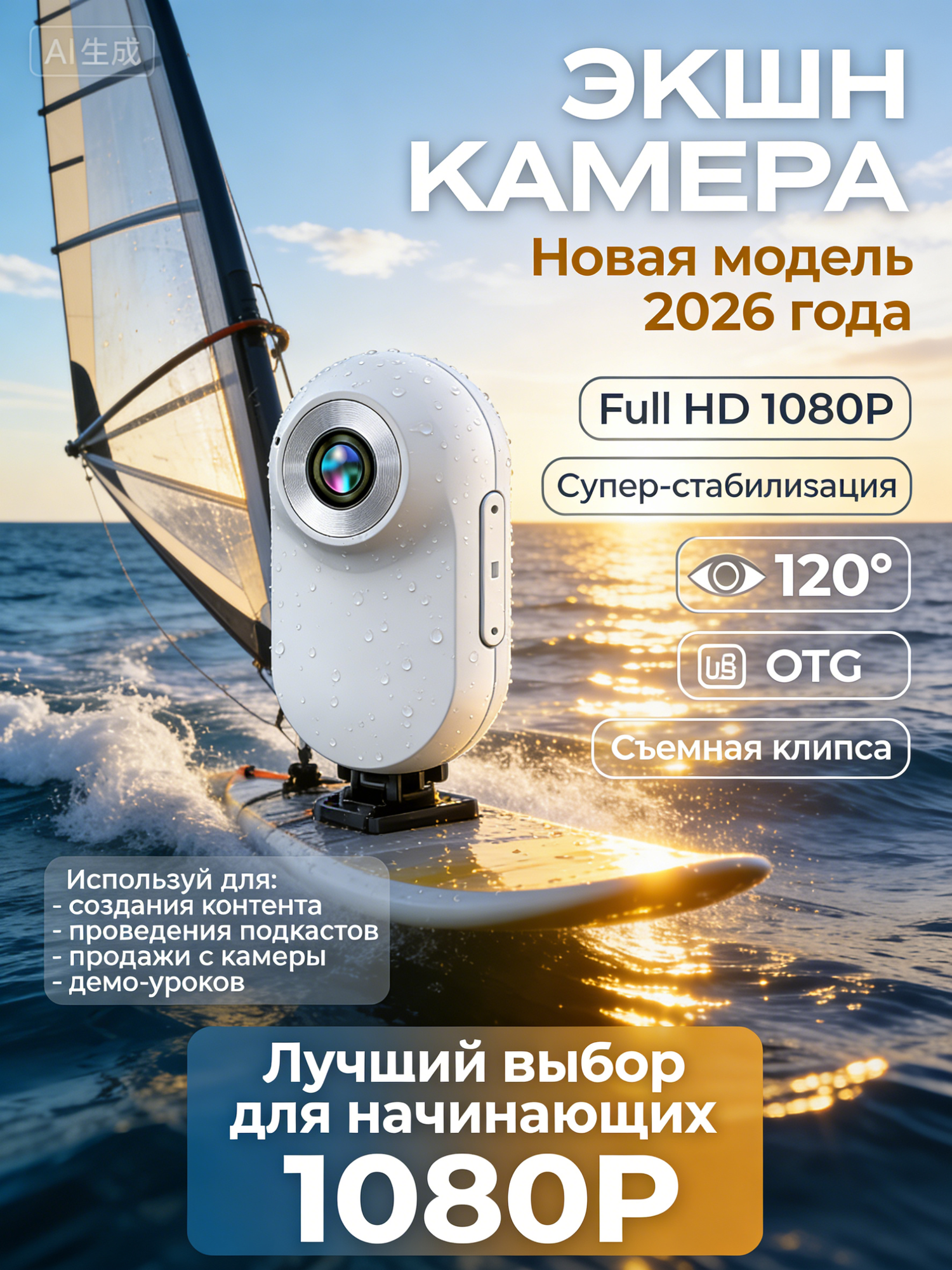 Экшн-камера 4K, UHD, Wi-Fi, с чехлом для погружения в воду, петличный микрофон в комплекте