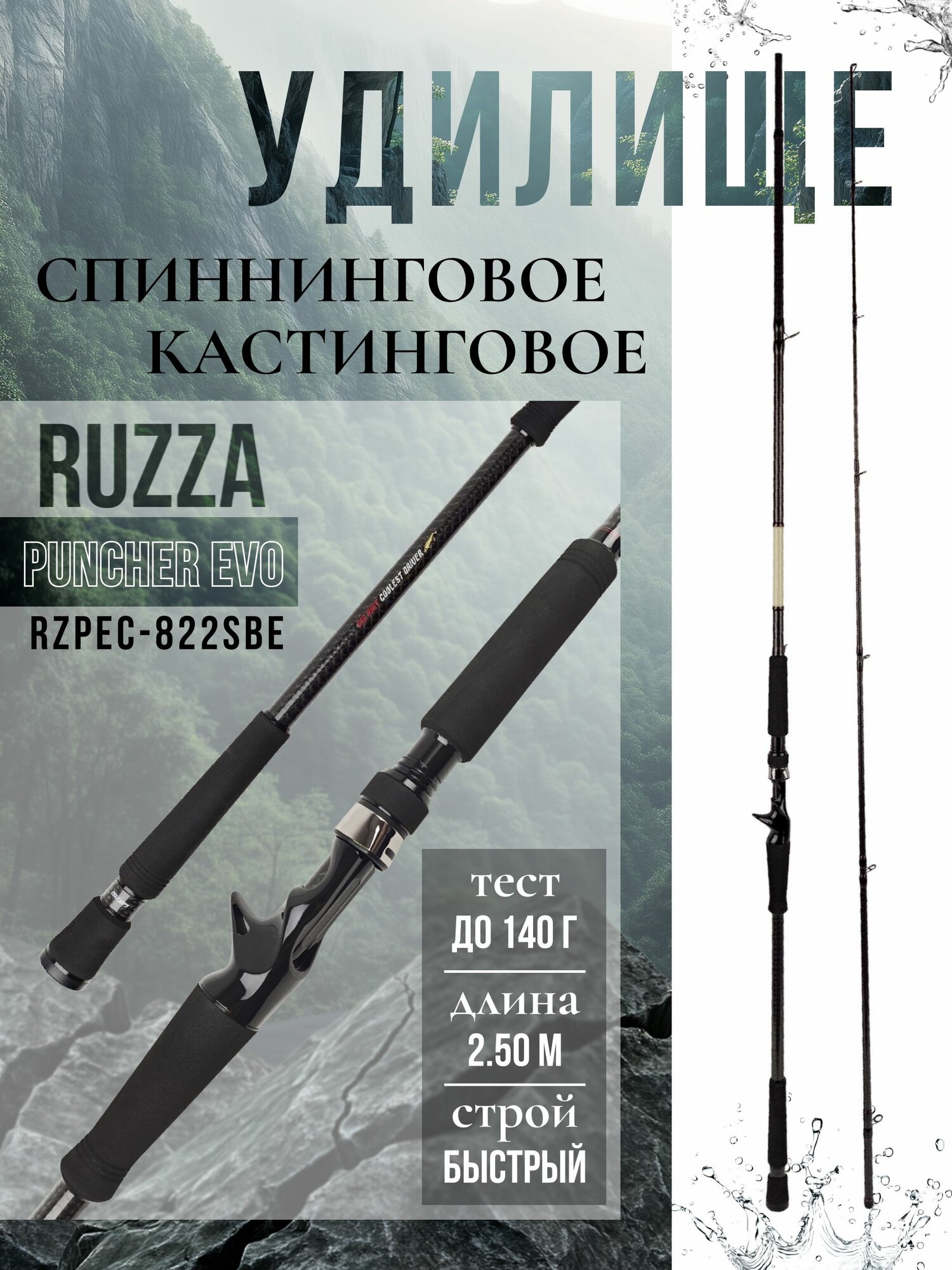 RUZZA Удилище спиннинговое кастинговое Puncher EVO 822SBE 2,48м тест max 140г