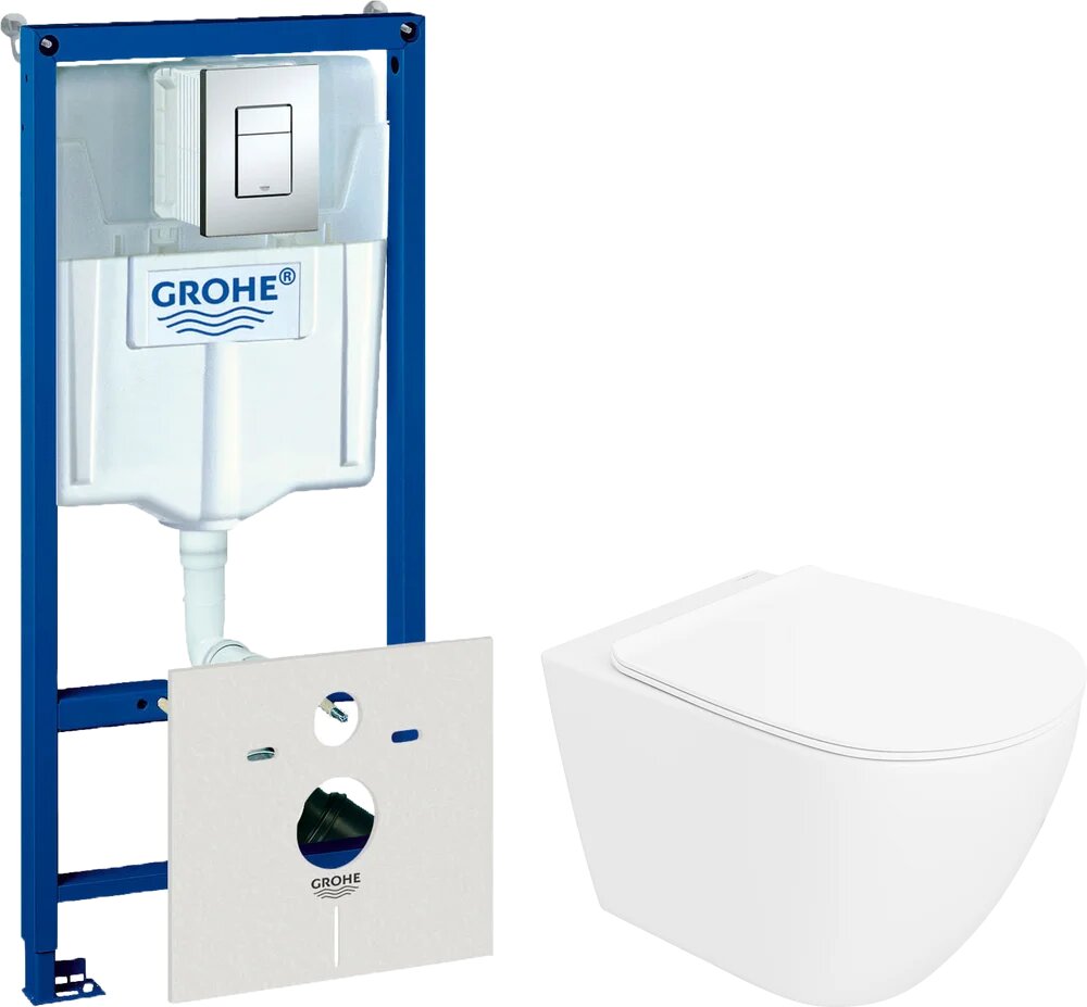 Комплект 5 в 1 Унитаз подвесной STWORKI Готланд S13401WH, безободковый, с микролифтом, глянцевый белый, антивсплеск / Инсталляция с кнопкой Grohe Rapid SL 38775001 цвет хром / Комплект шумоизоляции
