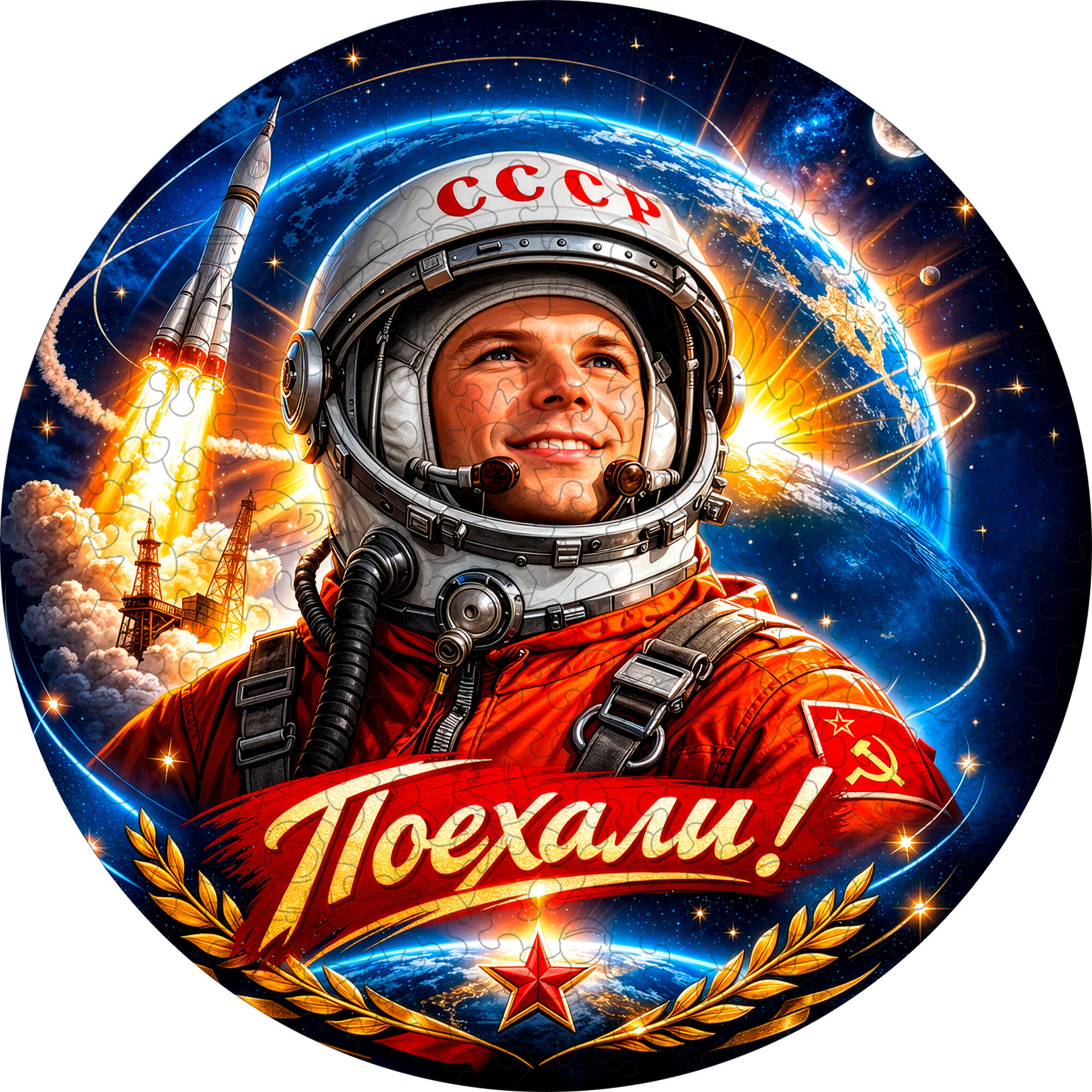 Деревянный пазл "Поехали!" коллекции "Космос" / 30х30см, 195 деталей / Подарок для взрослых и детей