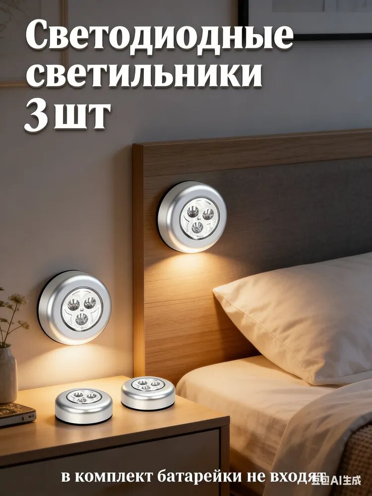 Светильник настенный на батарейках на липучке светодиодный,3шт