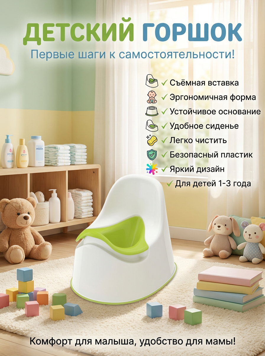 Горшок детский Икеа Локкиг, пластиковый, высокий, белый, зеленый, съемная вставка