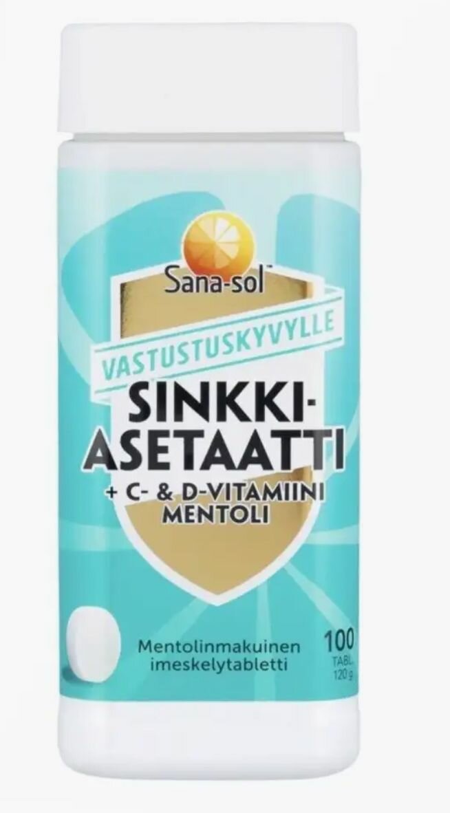Sana-Sol Sinkki-Asetaatti 100 таблеток, Санасол Ацетат Цинка + витамин С и D со вкусом ментола (Финляндия)