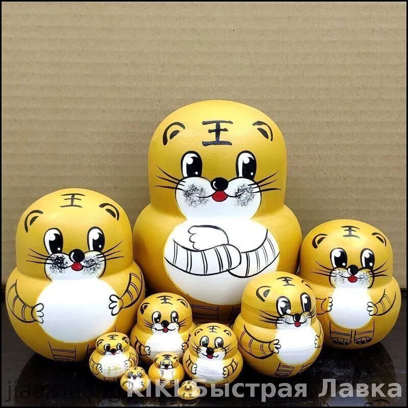 Матрешка Деревянная 10 Штук тигр для детей из натурального дерева, размер 10.5x10.5x15 см