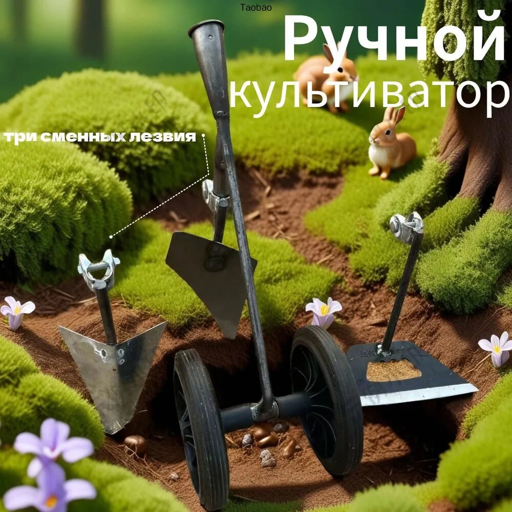 Культиватор ручной для сада и огорода со стальными лезвиями и колесами