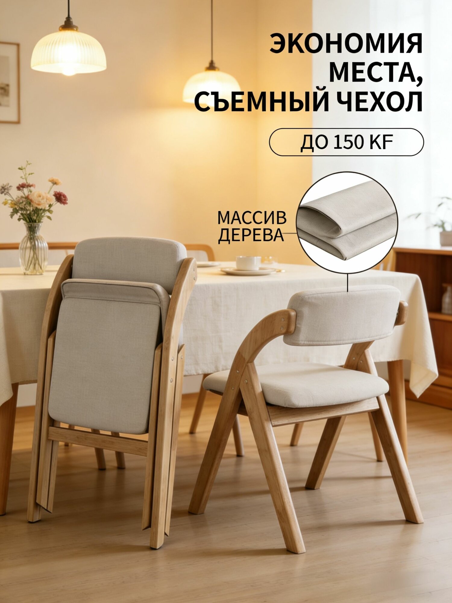 Складной деревянный стул с мягкой съёмной обивкой, подлокотники, до 150 кг — компактный для дома и кухни, кафе