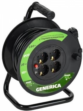 Удлинитель силовой IEK УК20 3х1.0 мм2, 4 розетки, длина 20 м, ПВС 10A, катушка, черный (WKP10-10-04-20-G)
