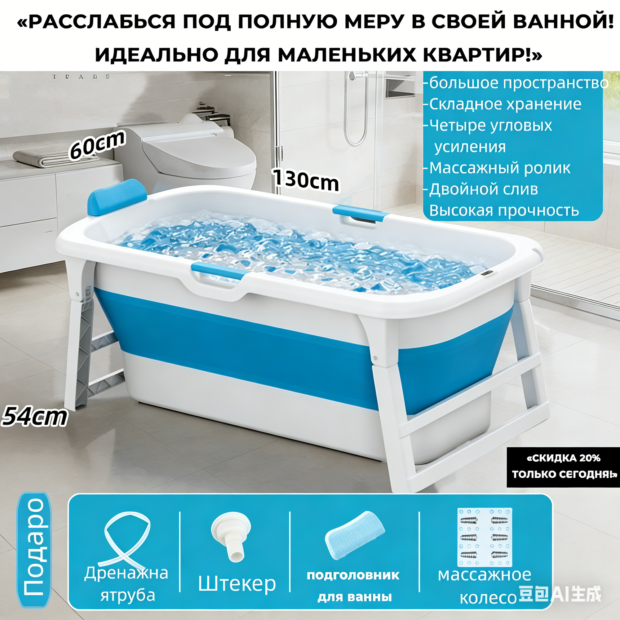 Ванна складная для взрослых, SPA-комплекс, легкий и портативный, 130cm