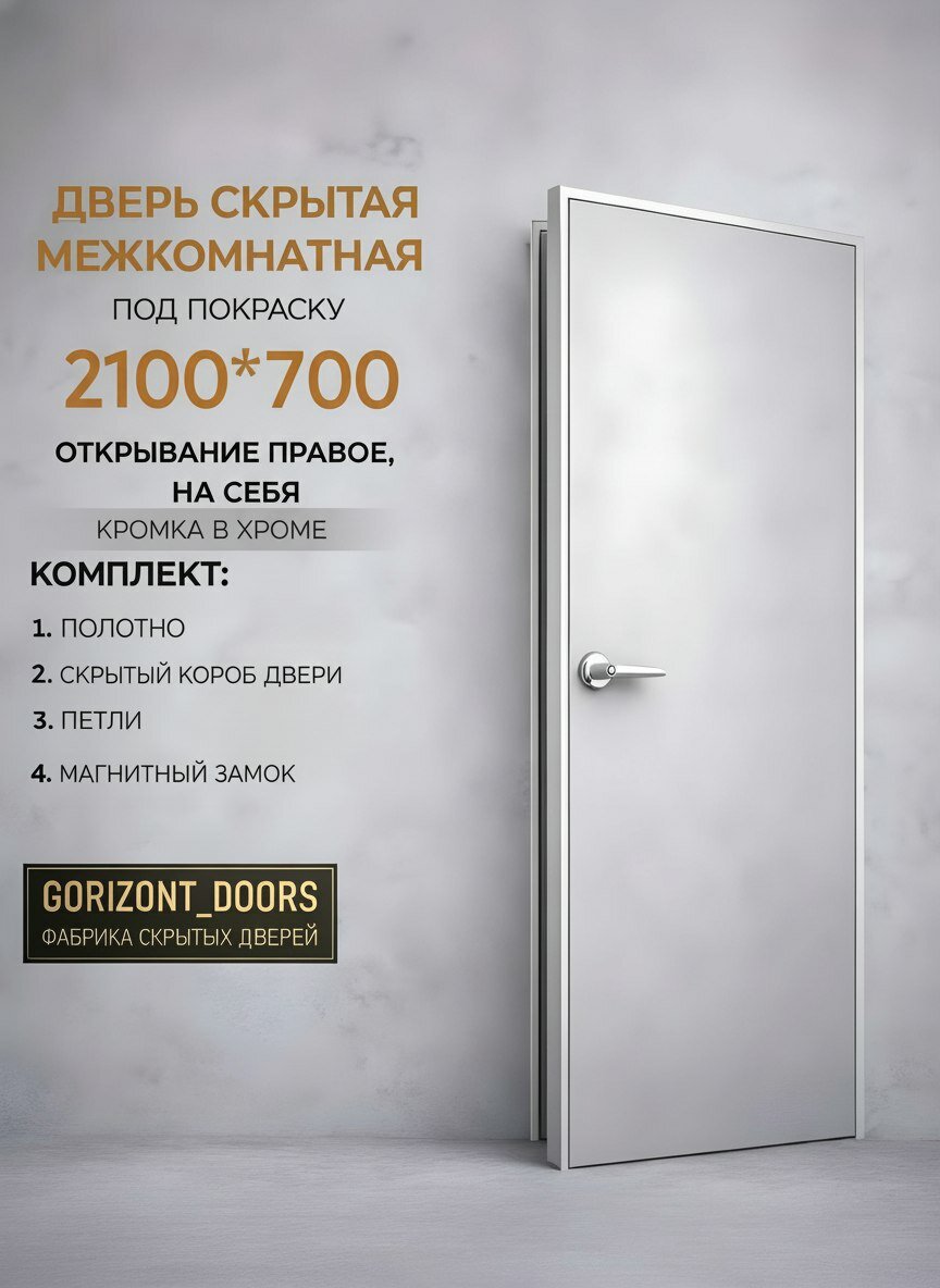 Скрытая межкомнатная дверь комплект INVISIBLE на себя, петли справа 700х2100 хром кромка