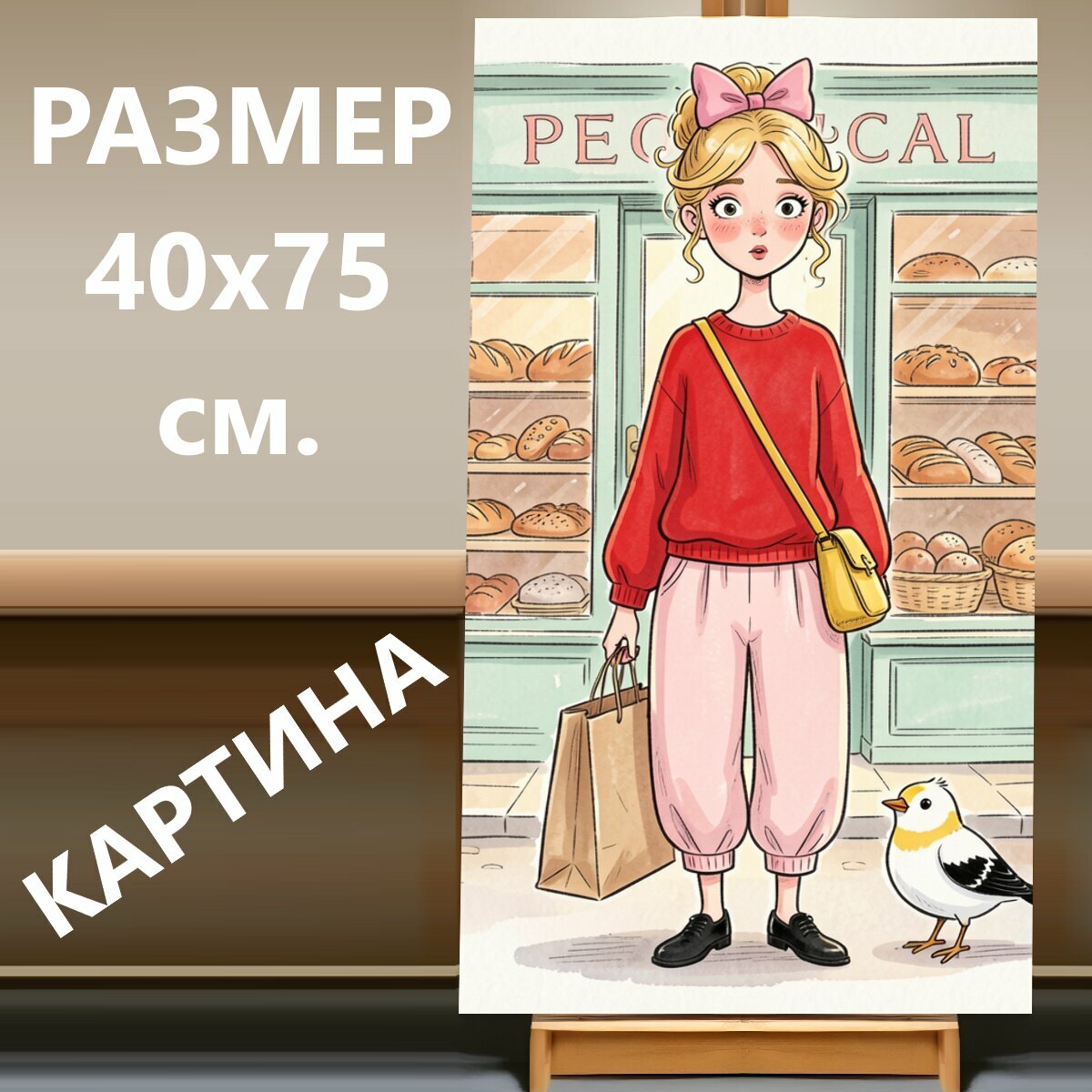 Картина на холсте "Девушка у пекарни с птицей. Милая иллюстрация в пастельных тонах: юная блондинка с покупками стоит перед витриной хлебной." на подрамнике 75х40 см. для интерьера