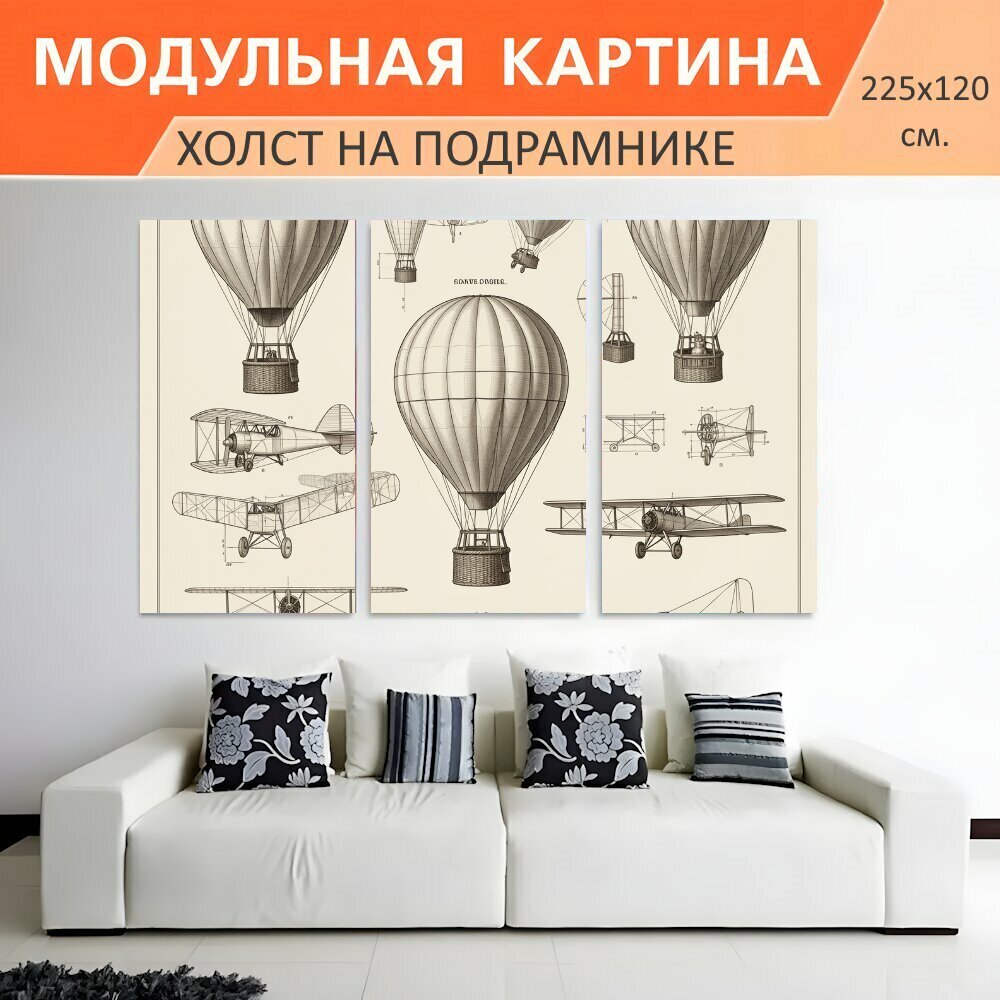 Модульная картина на холсте "Воздушные шары и ретро самолёты. Старинные чертежи летательных аппаратов, дирижаблей и бипланов в." триптих на подрамнике 225х120 см. для интерьера