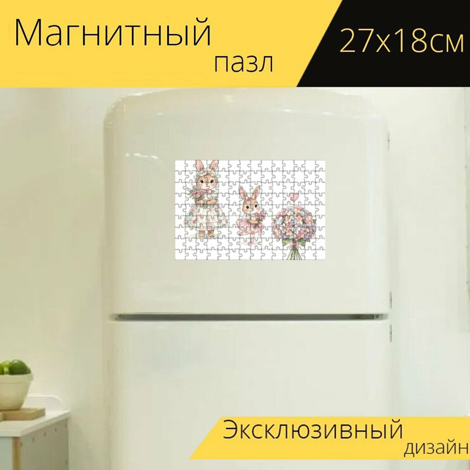Магнитный пазл "Зайцы с цветами в пастельных тонах. Милые кролики в нежных платьях и веночках, с букетами роз и садовых цветов, рядом пышная цветочная." на холодильник 27 x 18 см.