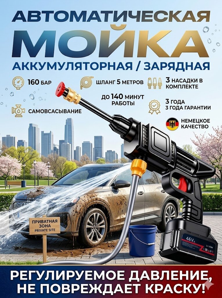 Мойка высокого давления HIOMEE, 1000Вт, портативная, аккумуляторная, с фильтром, в кейсе