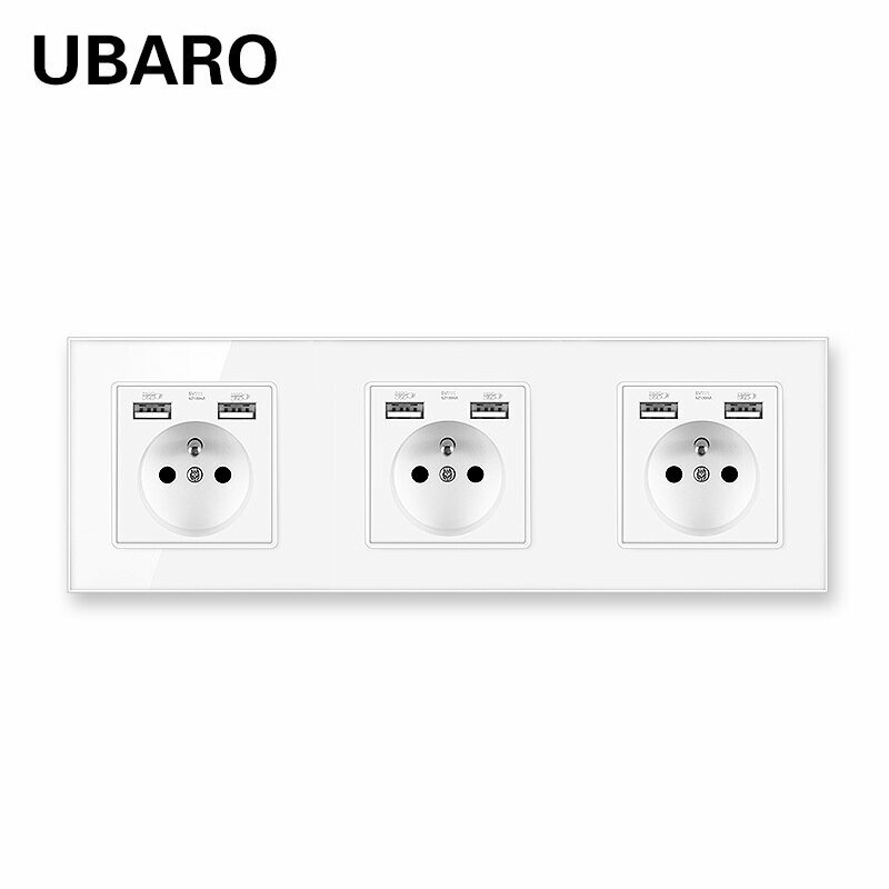 FR-258 Накладной розетка 16А встраиваемая с закаленным стеклом, белый, 3 USB порта