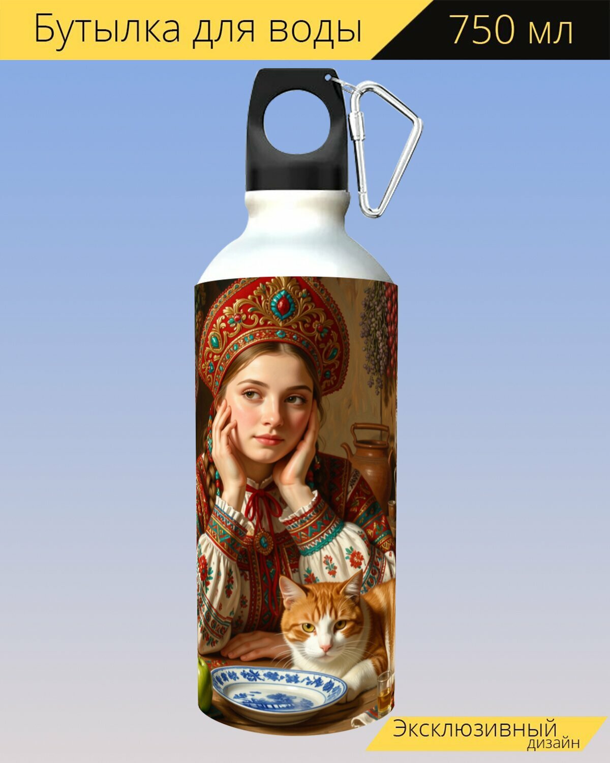 Бутылка фляга для воды "Девушка в русском народном костюме с котом. Уютная сцена в стиле русской сказки: юная красавица в ярком национальном наряде." 750 мл. с карабином и принтом