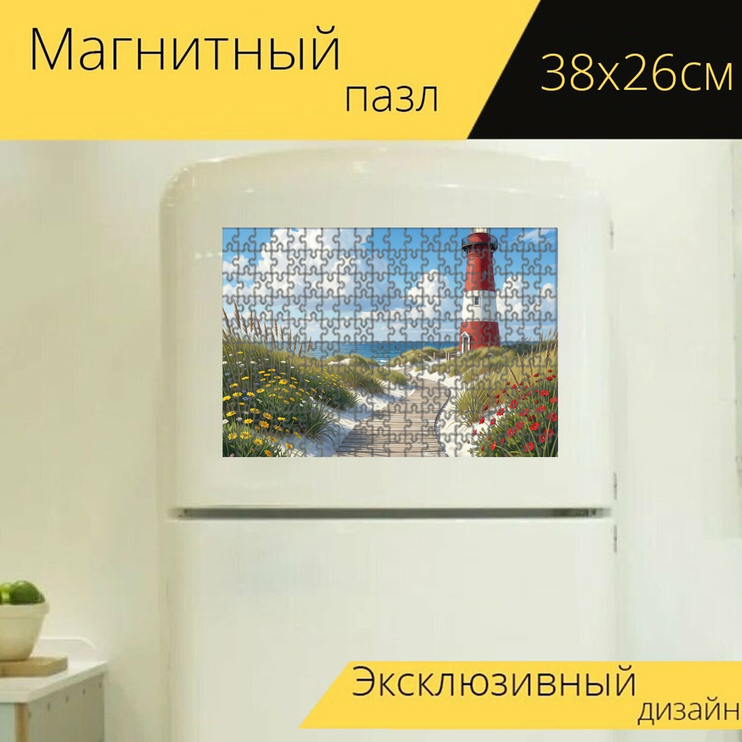 Магнитный пазл "Маяк у морского побережья. Красочный прибрежный пейзаж с красно-белой башней на фоне синего неба и океана. Песчаные дюны, деревянная." для интерьера, 38х26 см.