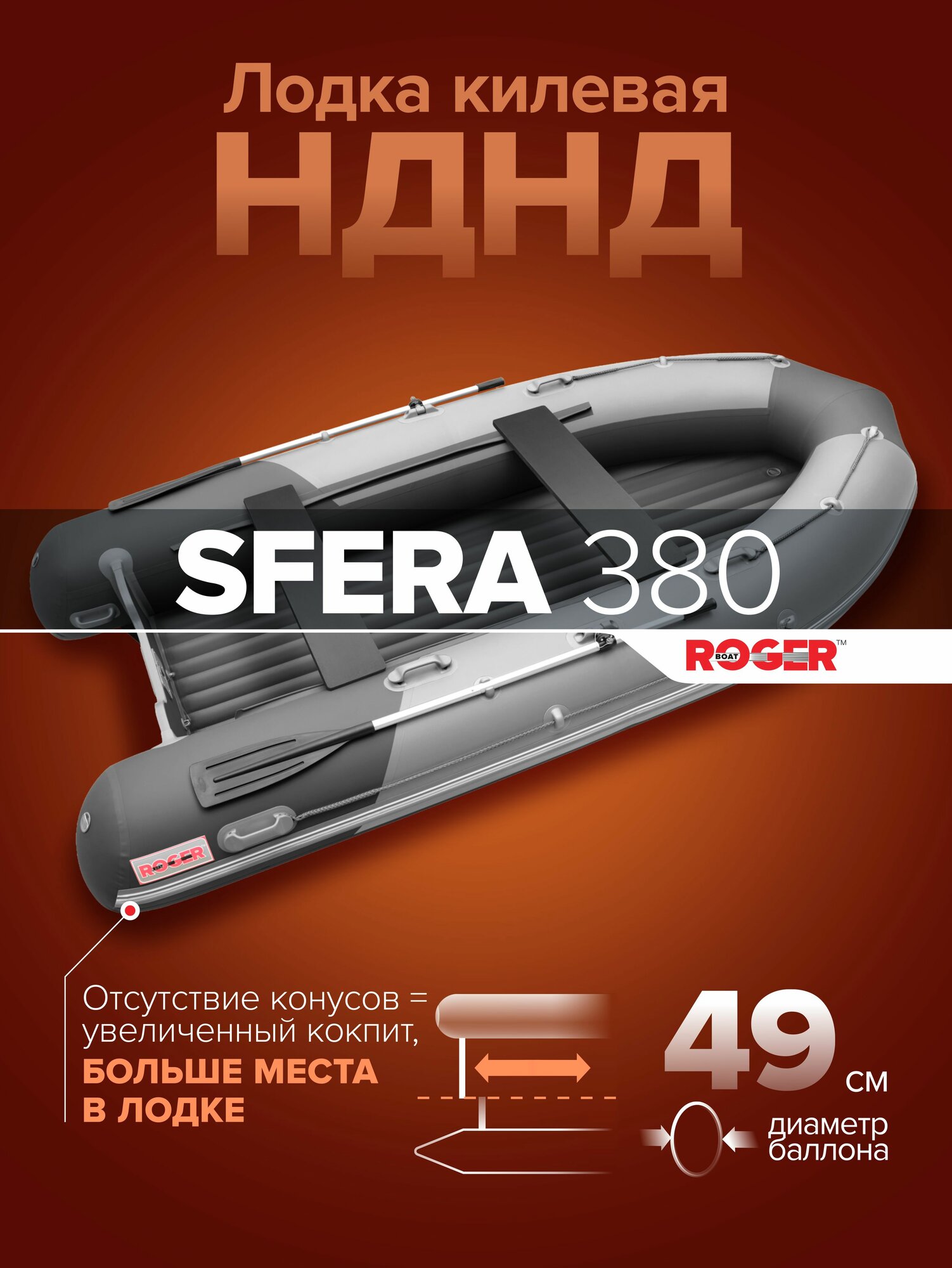 Лодка ПВХ под мотор ROGER Sfera 380, надувная для рыбалки НДНД килевая (серый-графит)