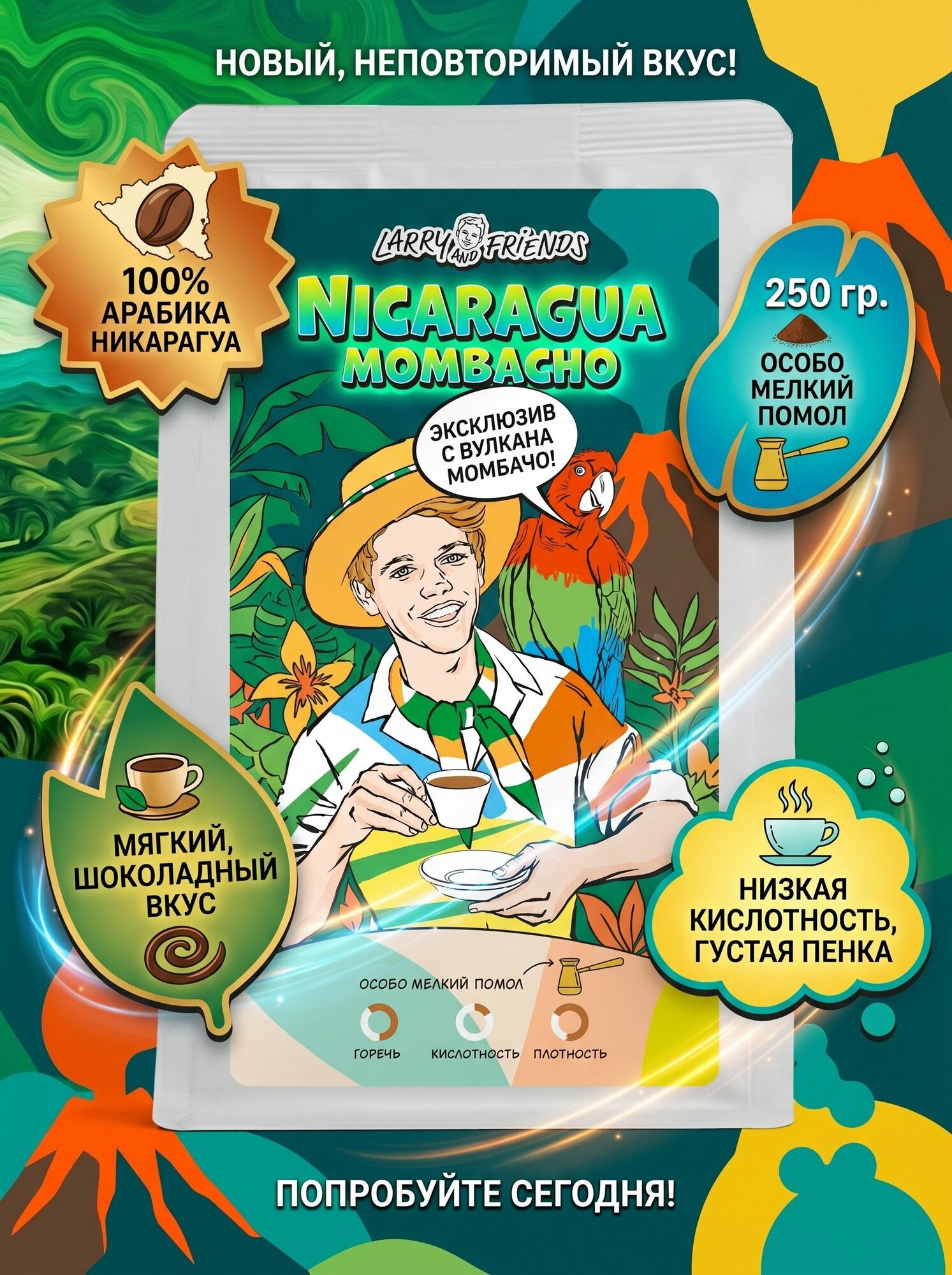 Кофе молотый 250 гр. Larry and Friends Mombacho 100% арабика из Никарагуа, особо мелкий помол