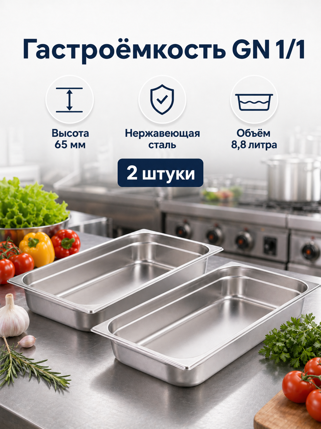 Гастроемкость GN 1/1-65 мм, набор 2 шт, нержавеющая сталь