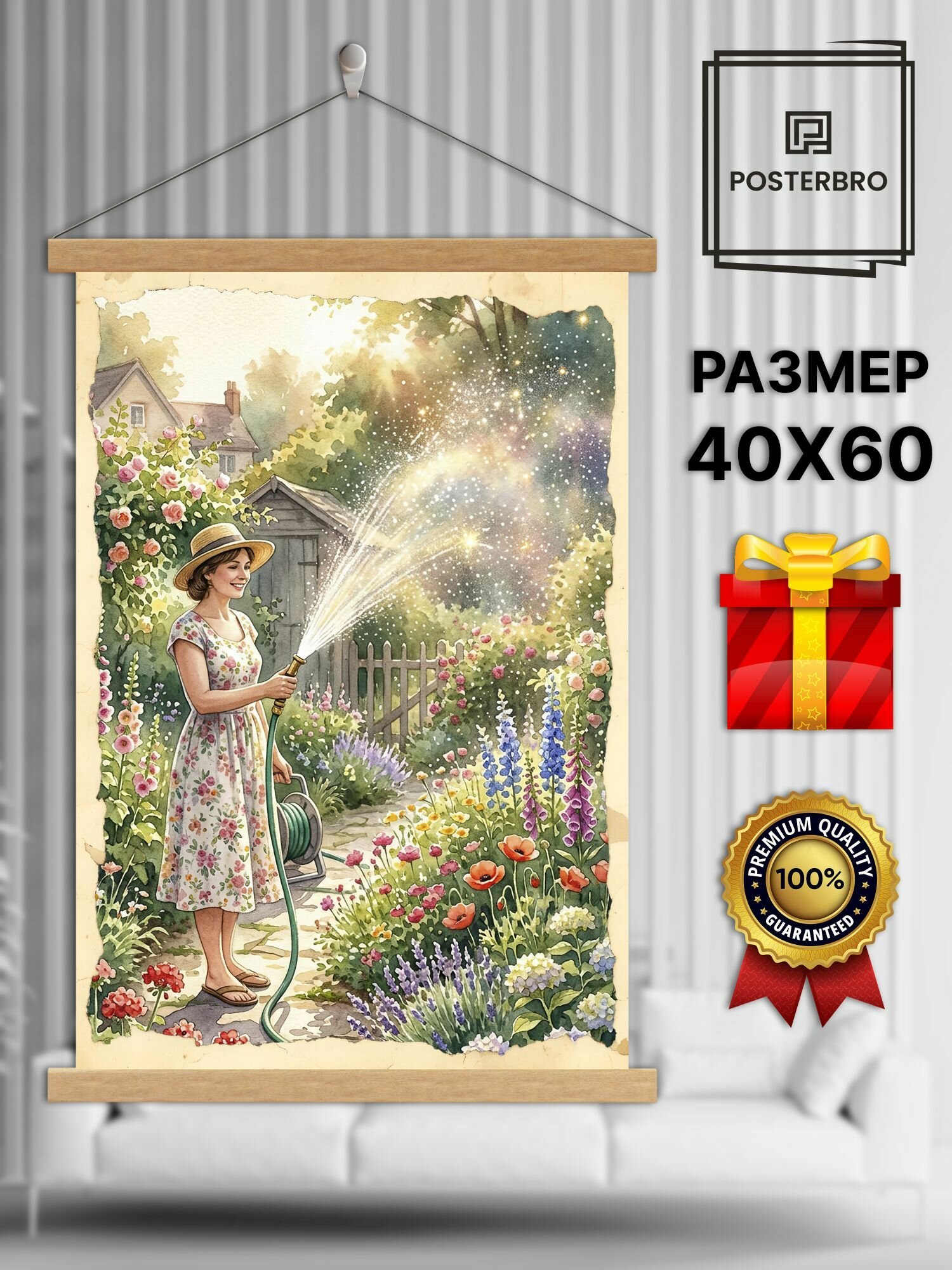 Постер на стену Posterbro в рамке 40х60 "Утренний полив" интерьерный
