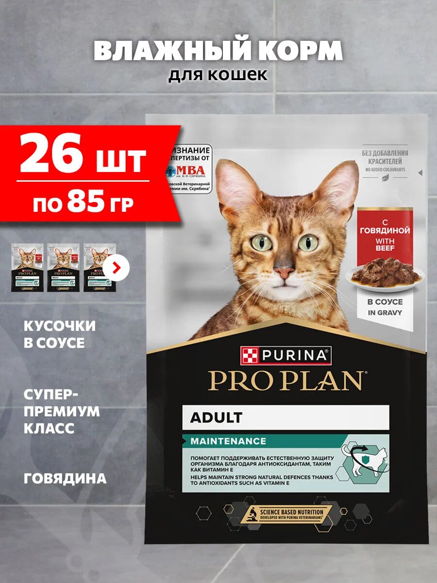 Корм влажный Pro Plan Maintenance для взрослых кошек, говядина в соусе, 85 г 26 шт