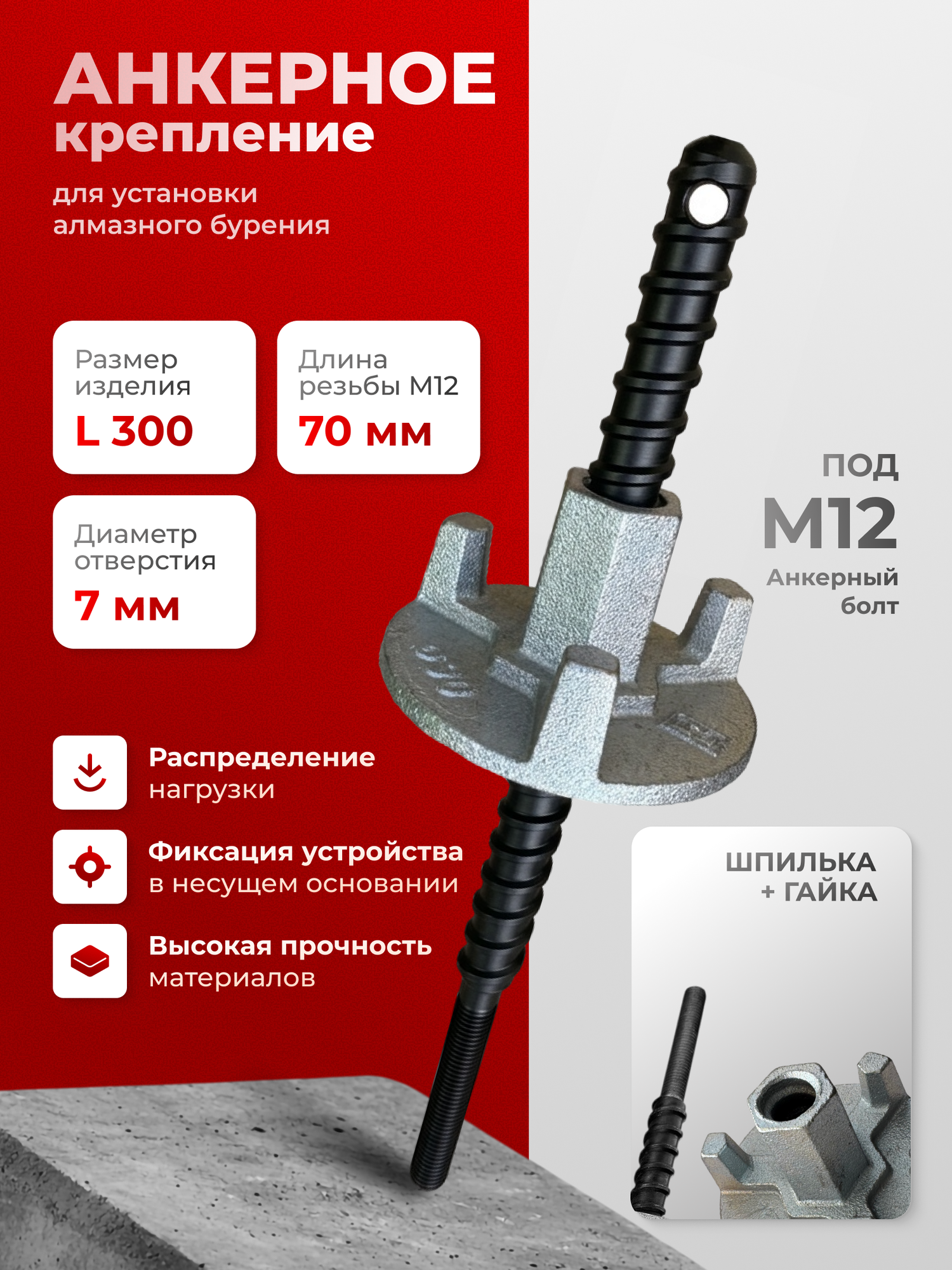 Анкерное крепление установки алмазного бурения М12 (шпилька L300 мм), гайка литая оцинкованная, оснастка для станка, станина