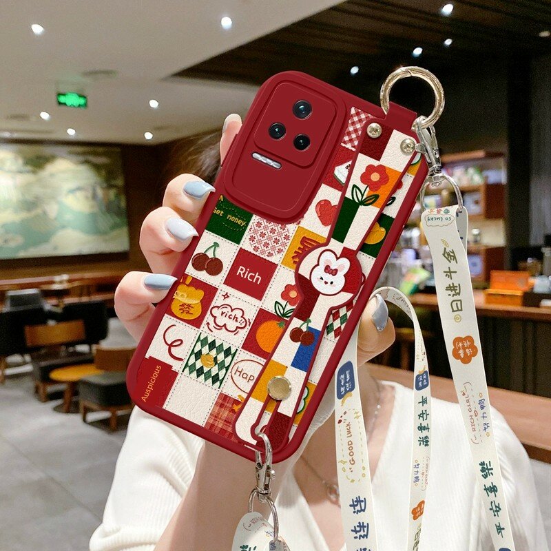 Чехол для смартфона Xiaomi Redmi K40 с ремешком и подвесом, красный, дизайн с узором богатства, прочный