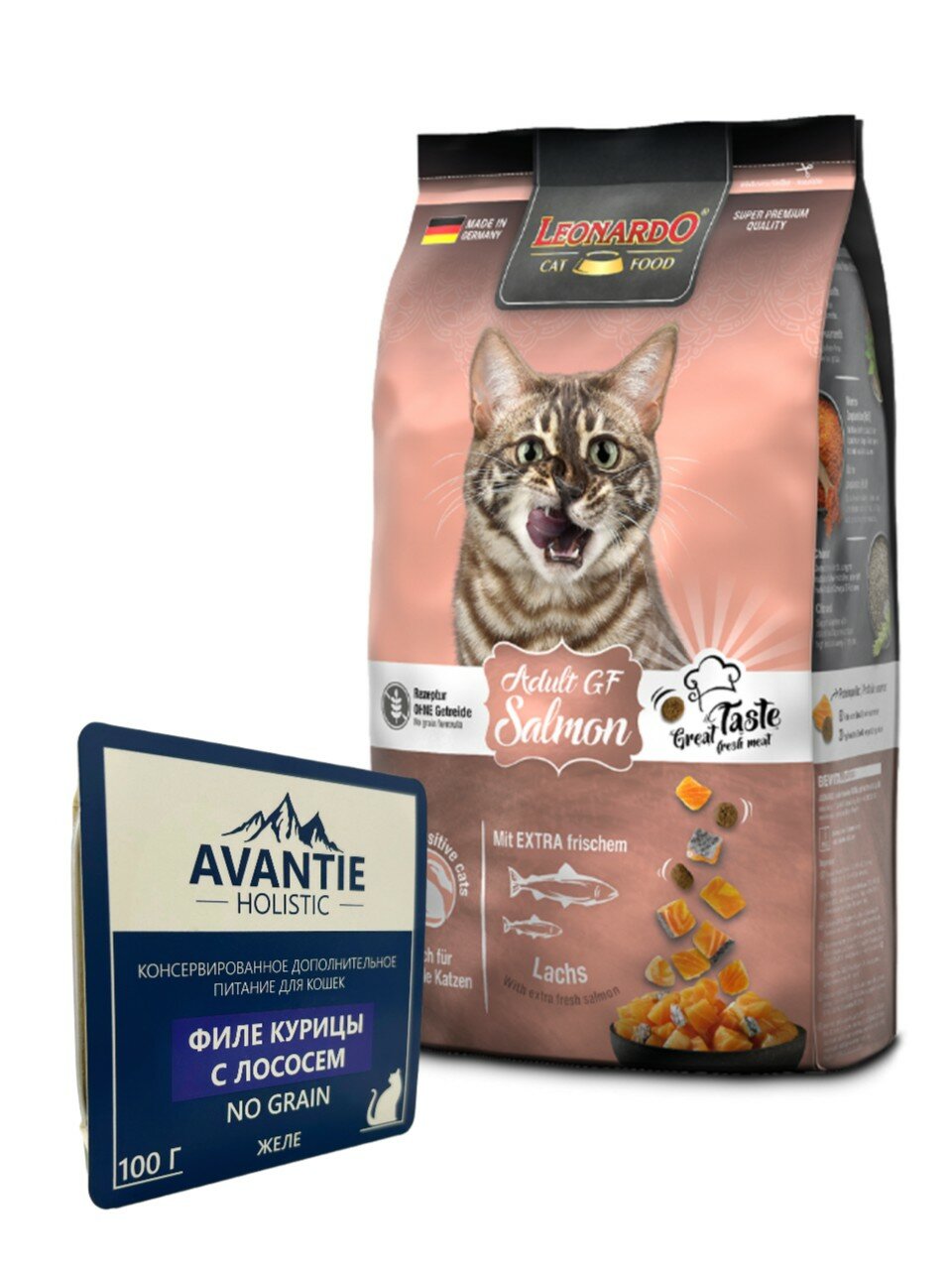 Leonardo Adult Salmon GF Сухой корм для кошек, Лосось 1.8кг + AVANTIE Влажный корм для кошек, филе Курицы с Лососем 100г