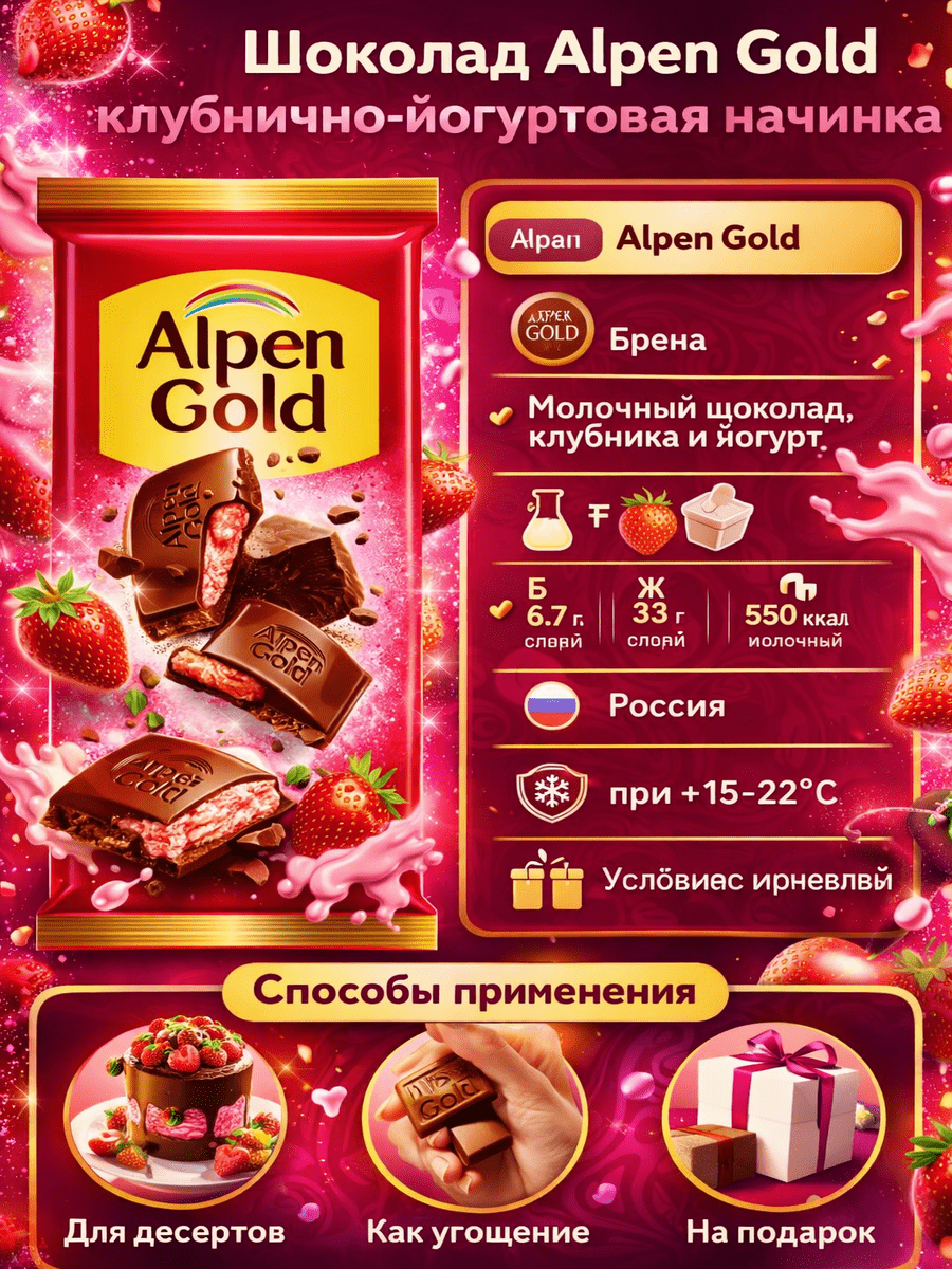 Шоколад молочный Alpen Gold Клубника-йогурт, 80г