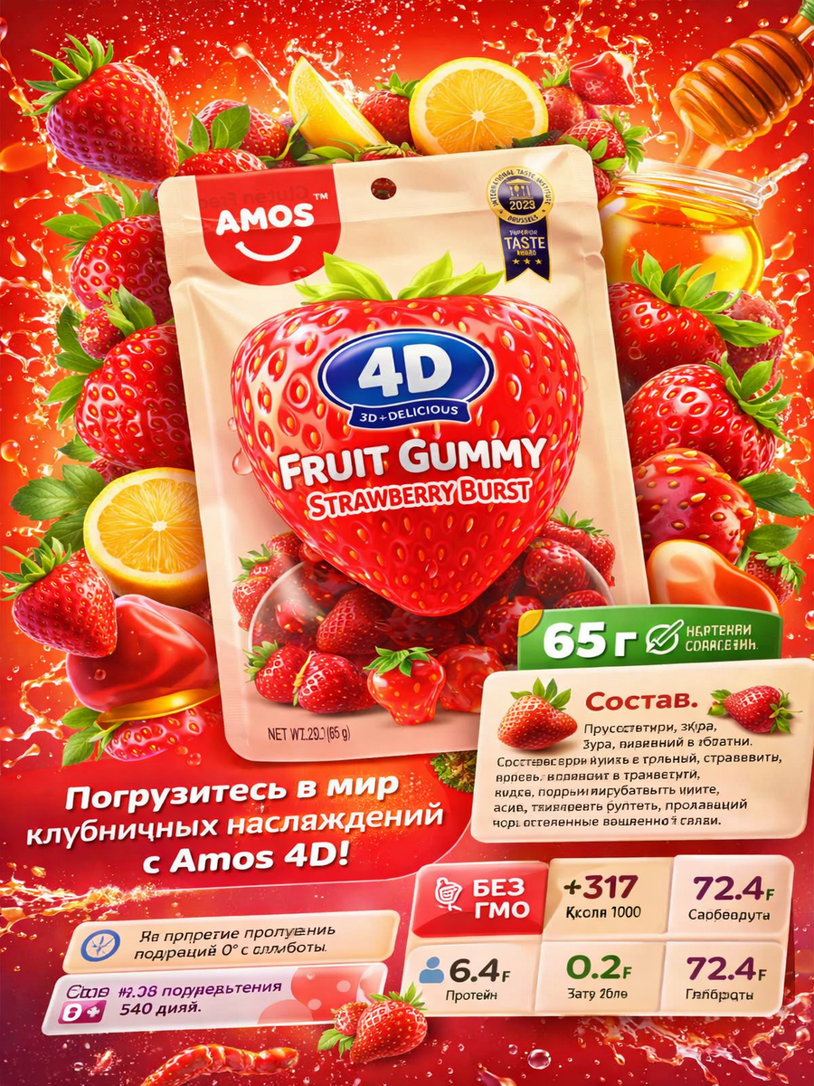 Мармелад жевательный Amos 4D клубничный, 65г