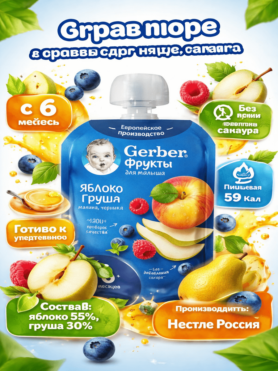 Пюре фруктовое детское Gerber Яблоко, груша, малина и черника с 6 месяцев, 90г