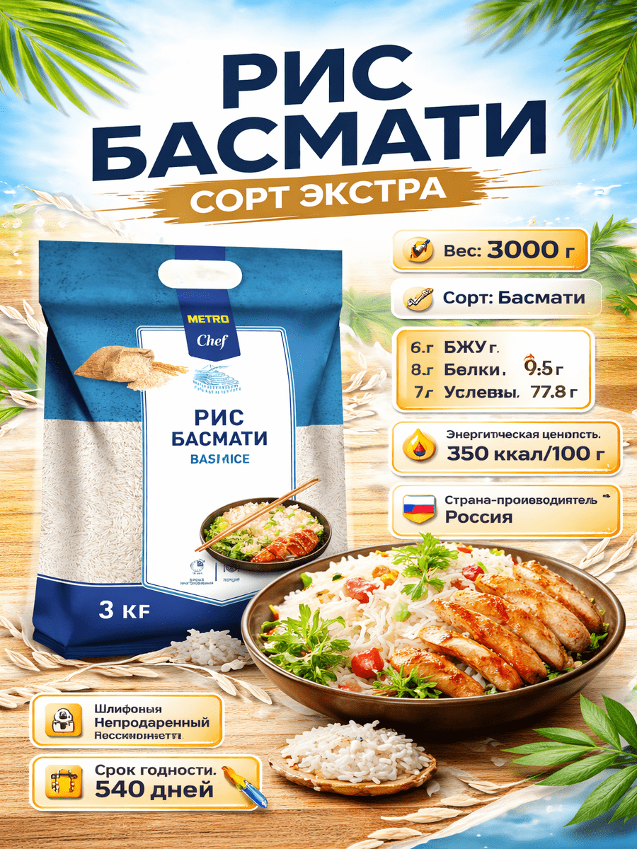 METRO Chef Крупа рис Басмати сорт экстра, 3кг