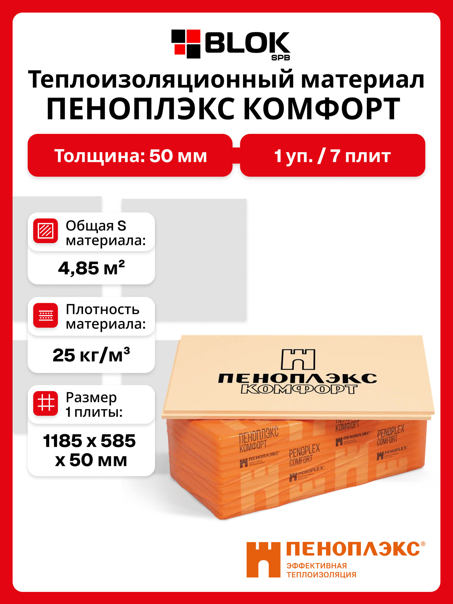 Пеноплекс Комфорт 50 мм ( 1 уп. / 4,85 м2 / 7 плит) утеплитель из пенополистирола для стен, крыши, пола