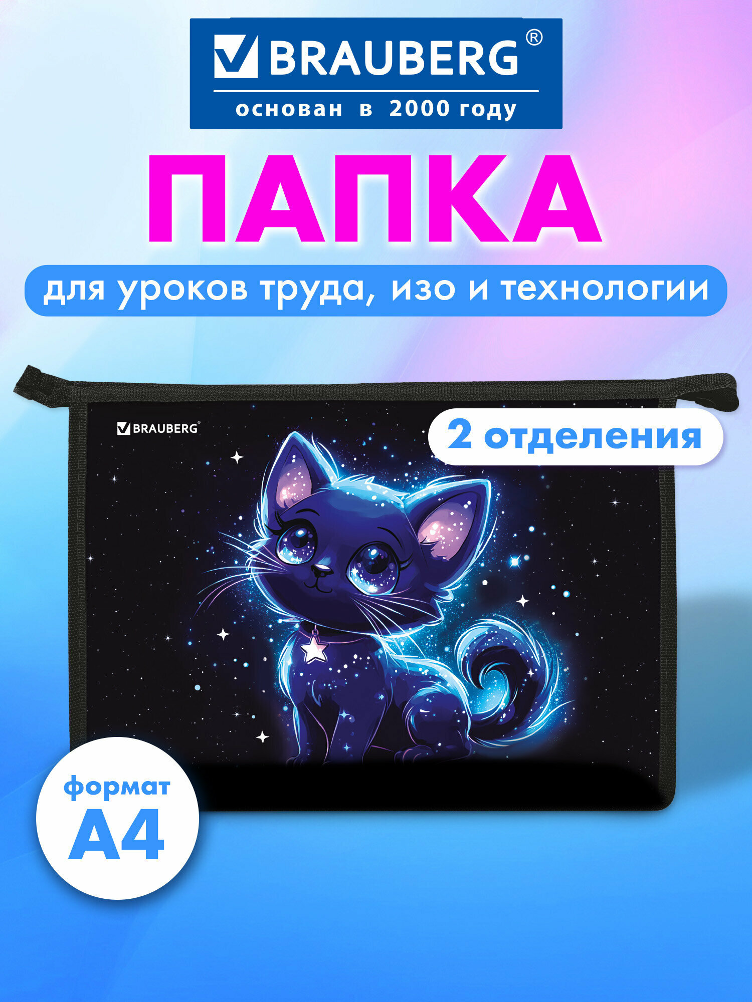 Папка для тетрадей, труда, рисования А4 для девочки на молнии, органайзер 2 отделения, Brauberg, Сияющий котик, 274531