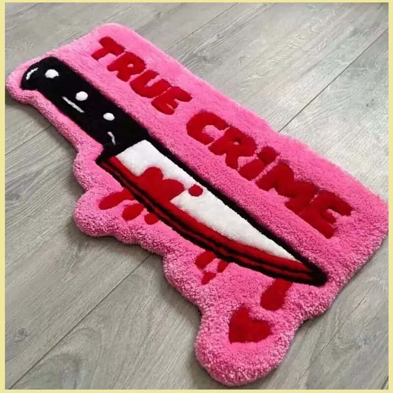 Kovor розовый неправильной формы с рисунком ножа и надписью "TRUE CRIME" жуткий стиль для дома