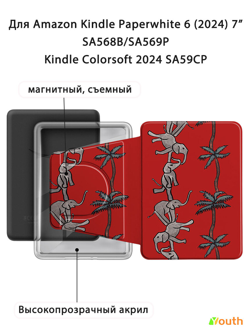 Чехол для Amazon Kindle Paperwhite 12 Gen (7", 2024)/Kindle Colorsoft (7", 2024), SA568B/SA569P/SA59CP, с магнитным разделением, Защитный чехол с ремешком для рук