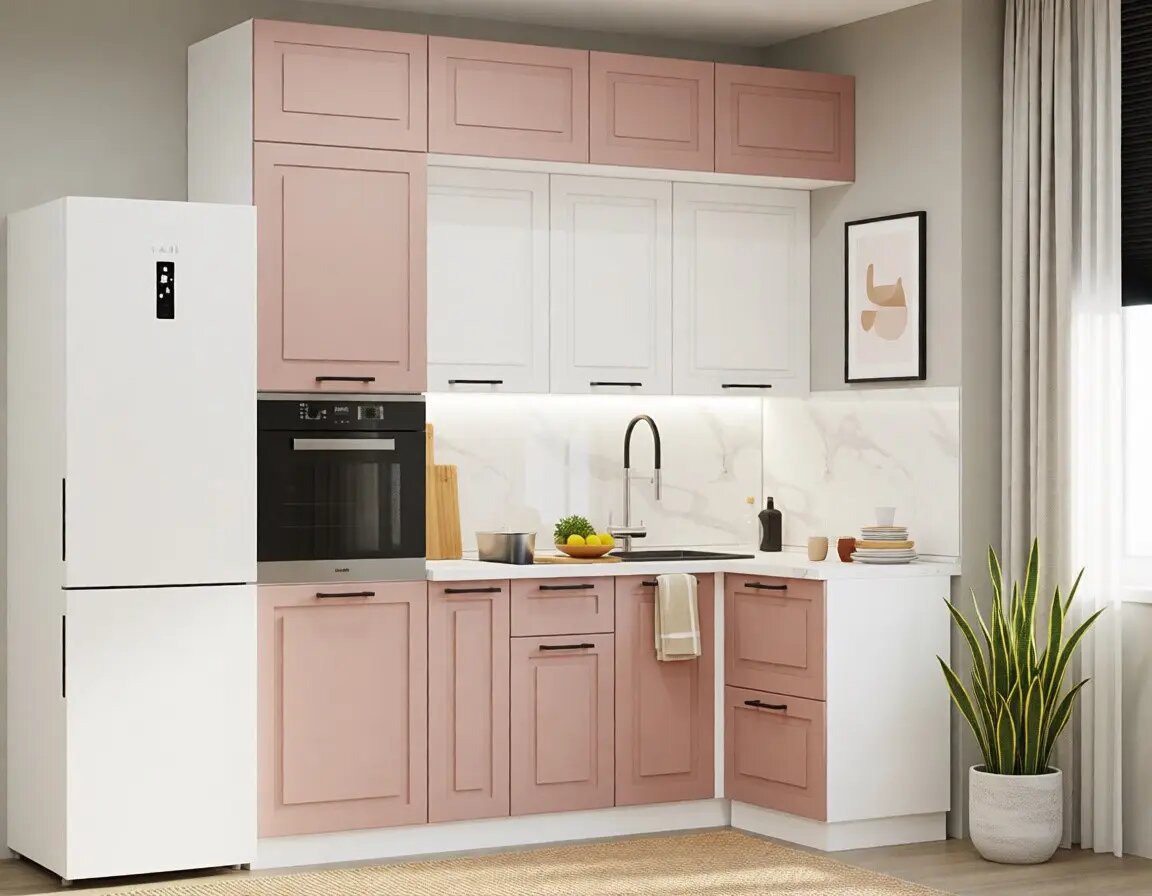 Кухонный гарнитур Аликанте, 230х120 см, (арт.15), шарли белый/шарли pink
