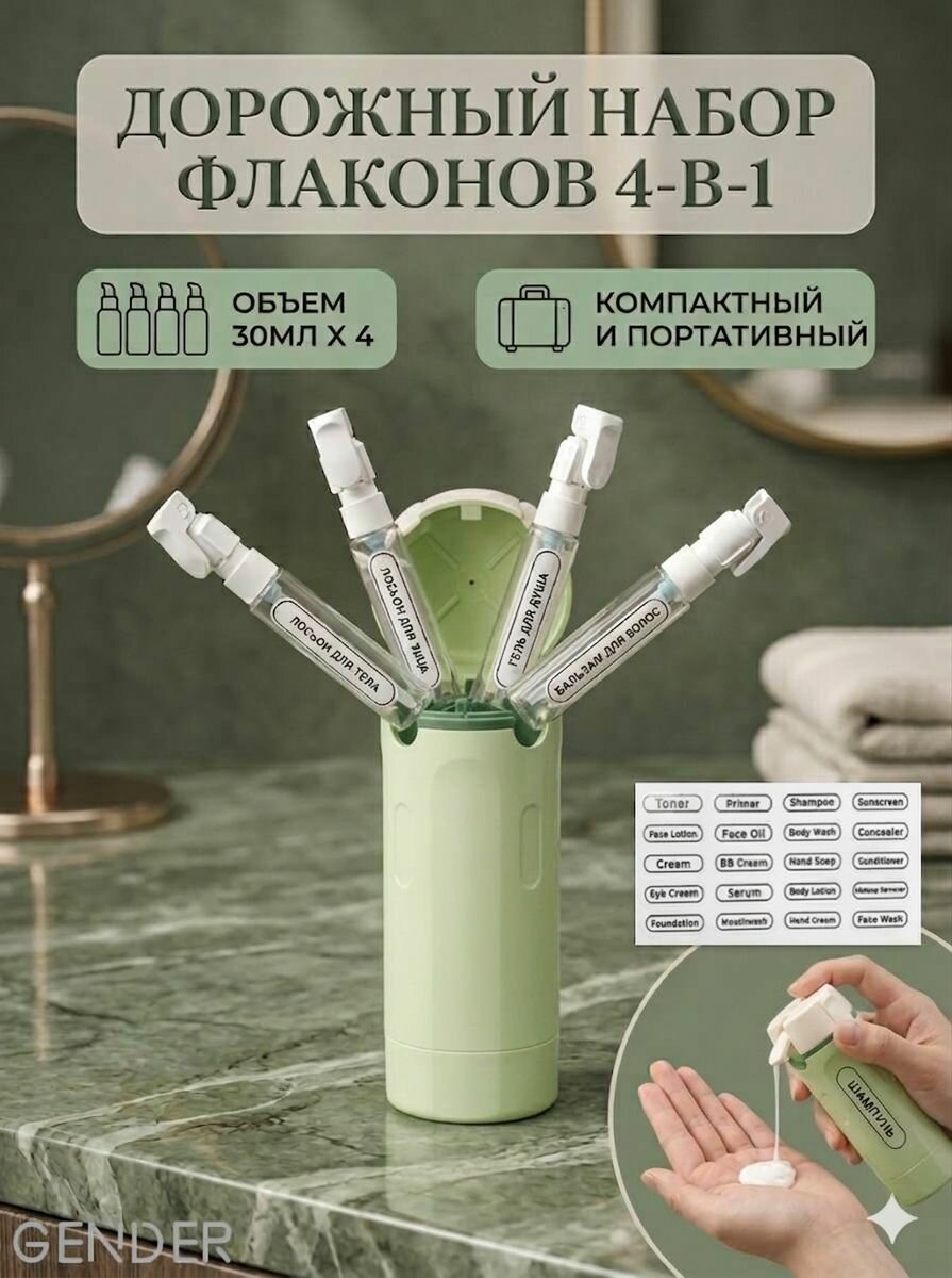 Портативный набор 4-в-1 дорожного размера: флаконы для хранения шампуня, геля душа и косметики, герметичные с дозатором. дорожные мини флаконы для путешествий набор бутылочек
