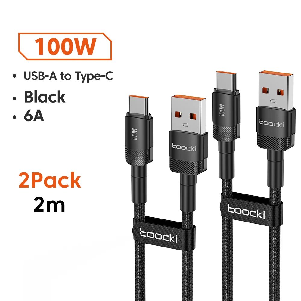 Toocki 2 шт. кабель USB-A to Type-C 2м, 6A, 100W, черный